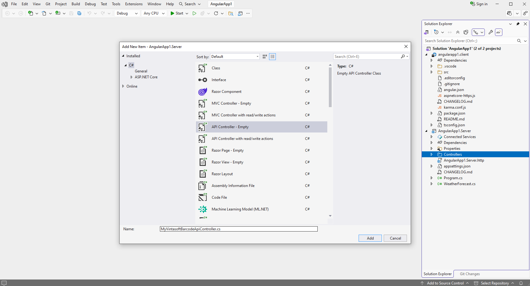 Generate barcode image in "Angular and ASP.NET Core" application