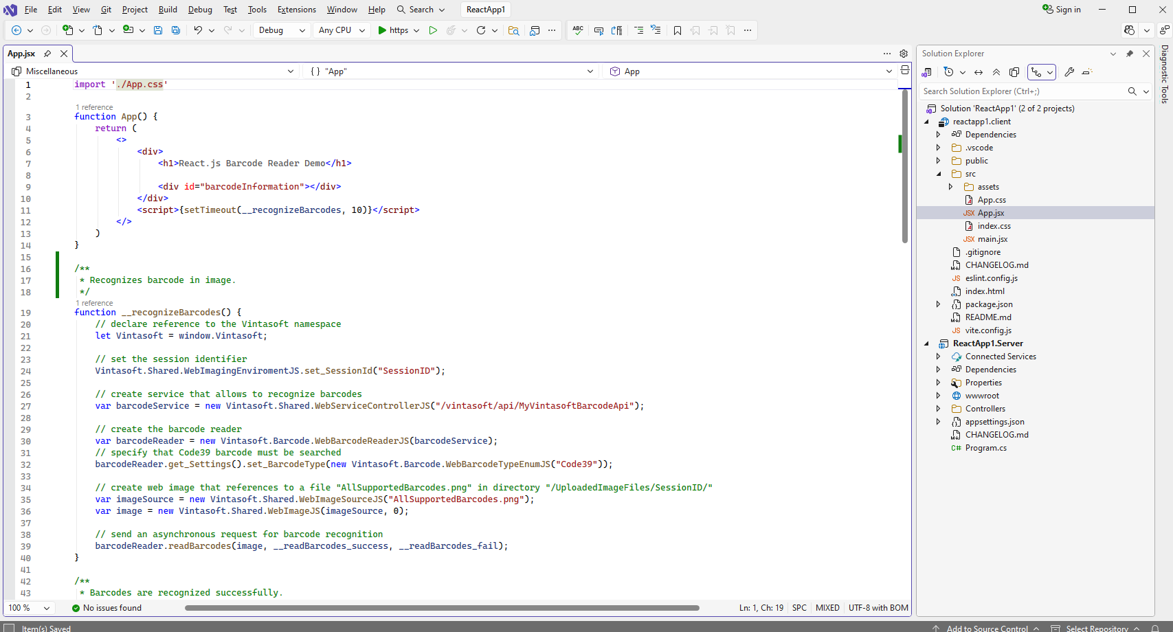 Recognize barcodes in image in "React.js and ASP.NET Core" application