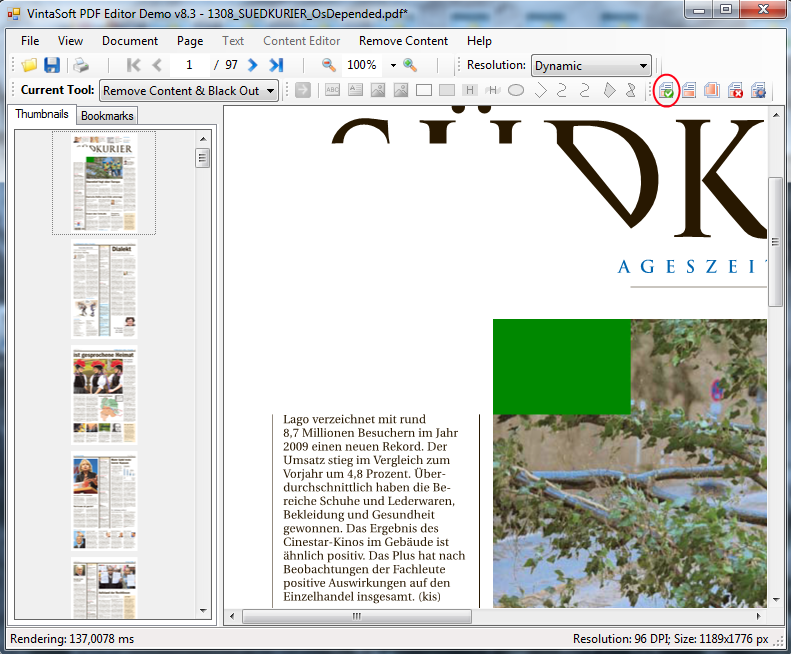 PDF: Remove content from PDF page. Redaction marks.